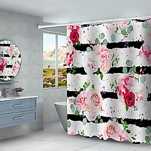 4 Piece Black White Stripes Pink Rose Flower Floral Modern Shower Curtains Sets with Non-Slip Rugs, Toilet Lid Cover and Bath Mat, Bathroom Sets with Shower Curtain and Rugs and Accessories