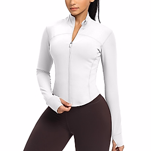 GYM RAINBOW Womens Zip Up Workout Jakcets Lightweight Slim Fit Running Athletic Jackets with Thumb Holes(#1 White,Small)