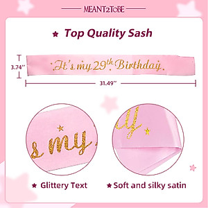 MEANT2TOBE 29th Birthday Sash and Tiara for Women - Fabulous Set: Glitter Sash + Stars Rhinestone Pink Premium Metal Tiara for Women, 29th Birthday Gifts for 29th Birthday Party