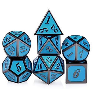 Set of 7 Metal Dice Set with Storage Box - Turquoise with Gunmetal Numbers - Includes D4, D6, D8, D10, D12, D20 and D% by SciencePurchase