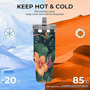 BWQJKUO Large Capacity Car Cup 30 Oz Stainless Steel Tropical Plant Bird Flowers Printed Travel Mug Leak-proof Flip Straw Tumbler with Handle,keeps Cold Or Ho