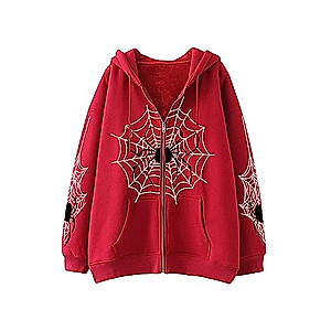 Women Halloween Coat Casual Hooded Long Sleeve Y2k Spider Web Zip Up Hoodie with Pockets Vintage Harajuku (Red, XL)
