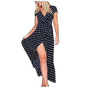 XIMIN Women's Fashion Casual Short Sleeve V-Neck Low Cut Printed Polka Dot Dress Beach Maxi Dress (Navy, Size:XXXXL)