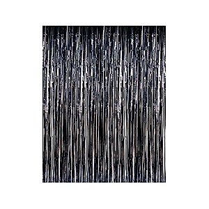 Adorox (2 pc Metallic Black) Metallic Silver Gold Rainbow Photo Backdrop Foil Fringe Curtains Party Wedding Event Decoration