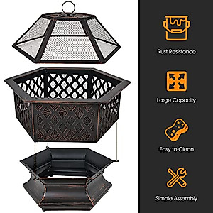 Giantex 26 Inch Outdoor Fire Pit, Large Hexagonal Fire Bowl with Spark Screen Cover and Poker, Wood Burning Firepit for Outside Camping Garden Patio Backyard