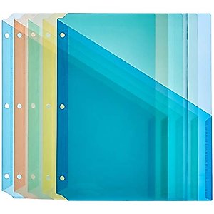 Amazon Basics Binder Organizer Poly Jacket, 3 Hole Punch, Assorted Colors, Pack of 5