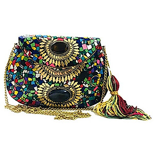 Antique Indian art Handmade Multi color Stone mosaic metal bag Women/Girls Bridal metal clutch party sling bag