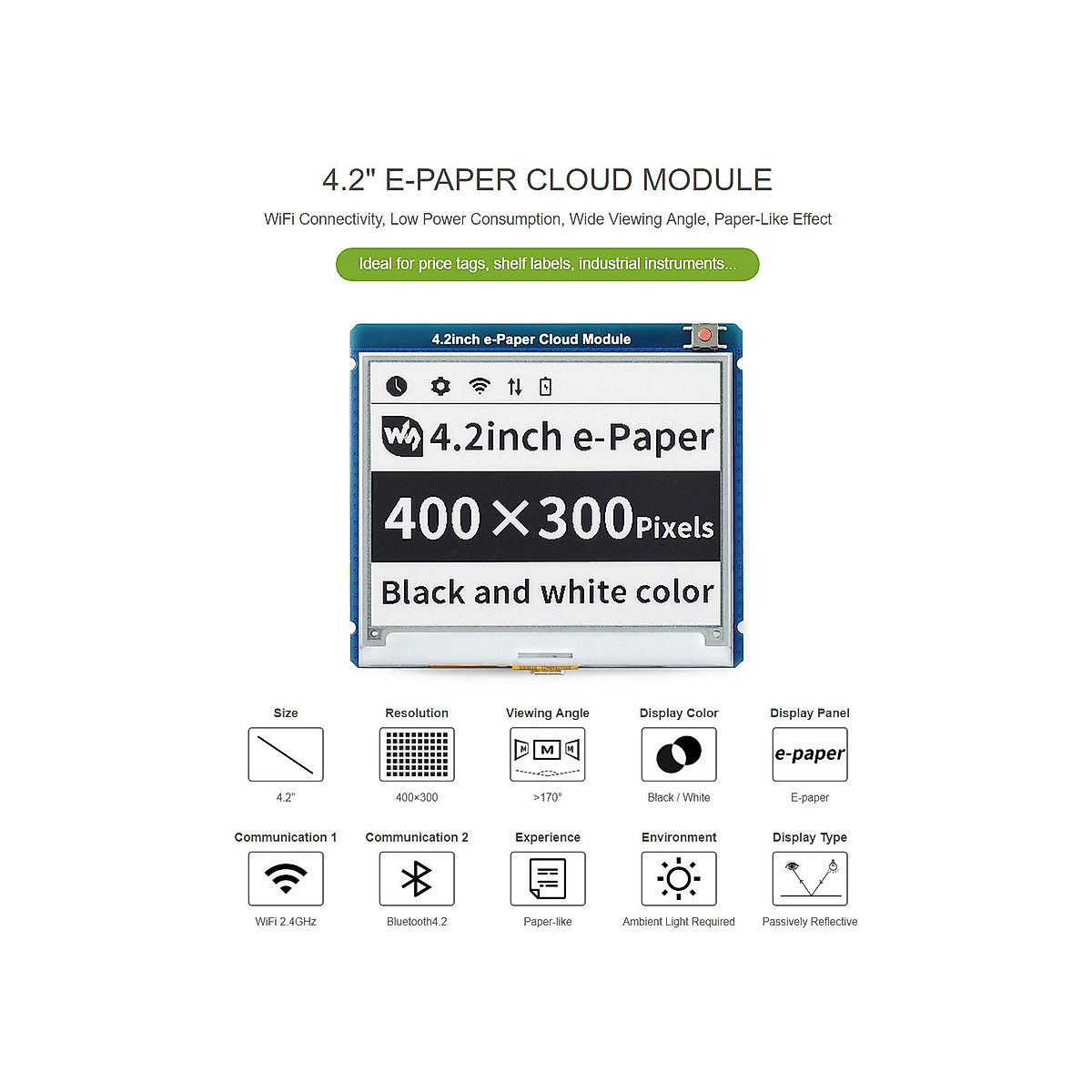 waveshare 4.2inch E-Paper Cloud Module 400×300 Pixels with Low Power Consumption WiFi Connectivity Wide Viewing Angle