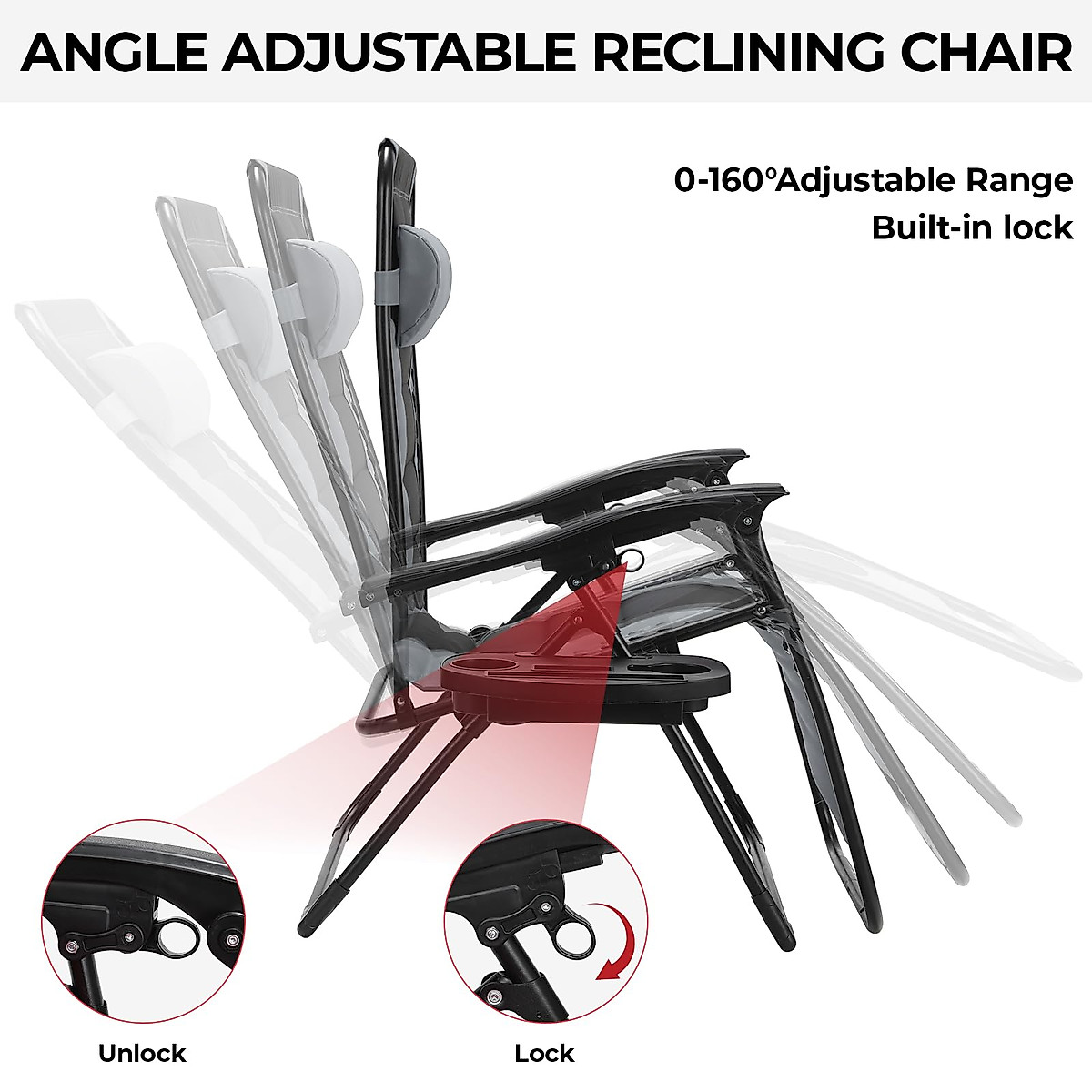 MAMIZO Padded Zero Gravity Chair, Set of 2 Foldable Outdoor Patio Recliner, Anti Gravity Adjustable Lounger w/Removable Pillows and Cup Holder Side Tables, 350 LBS (Grey)