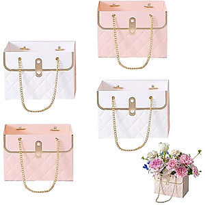 NADUSEP 4 PCS Flower Paper Gift Box, Bouquet Storage Bucket Florist Handbag with Metal Chain, Gift Craft Wrap Bag for Wedding Party Valentine's Day Birthday Mother's Day Bridal Shower Gift Wrap Bags (White Pink)