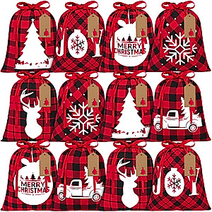 Aneco 12 Pieces Christmas Drawstring Gift Bags Red and Black Plaid Drawstring Bags with 24 Kraft Paper Tags and 16 Feet Rope Cotton Xmas Gift Bags for Christmas Party Supplies, 12 x 10 Inch