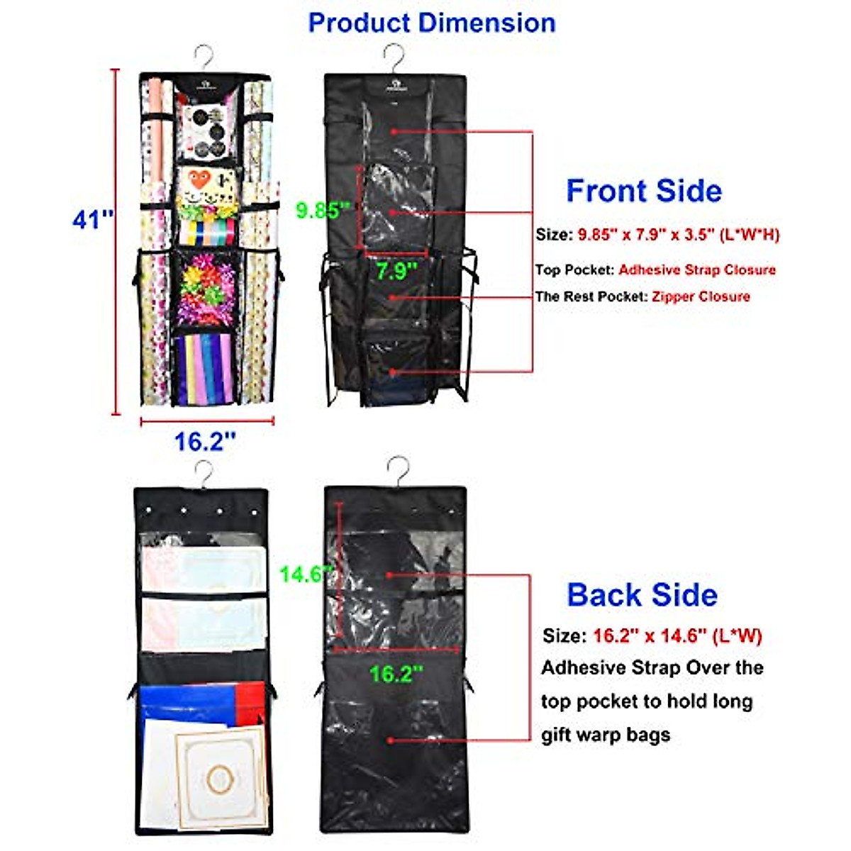 Freegrace Double Sided Hanging Gift Wrap Organizer | Large 16" x 41" Wrapping Paper Rolls Storage Bag | Tearproof & Space Saving Closet Gift Bag Organization Solution (Black)