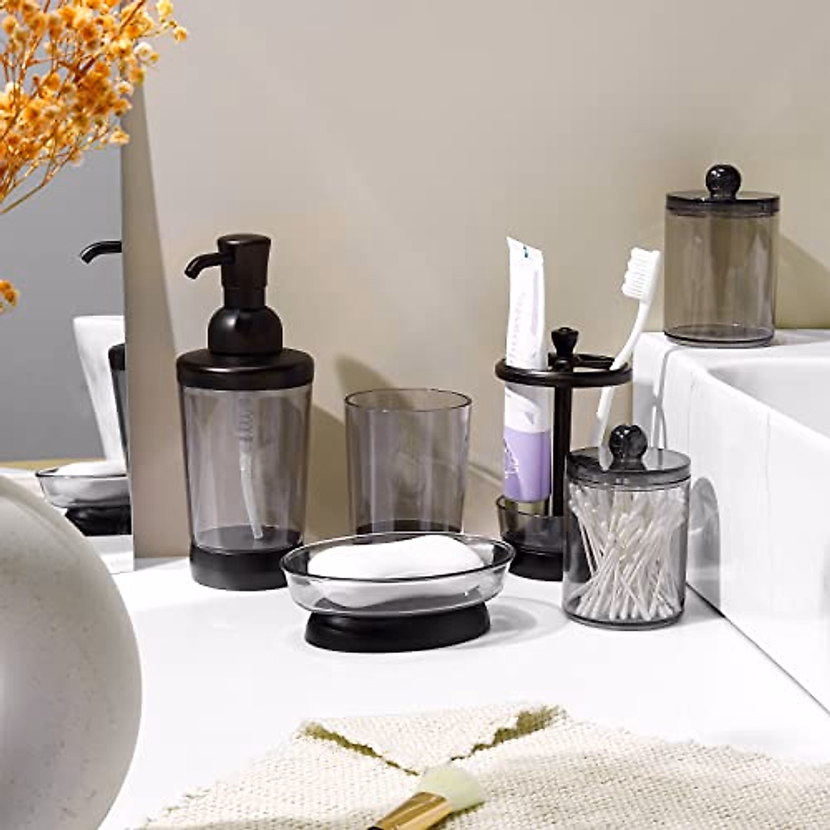 SLDIYWOW Bathroom Accessories Set, 8-Piece Plastic Gift Set with Toothbrush Holder, Toothbrush Cup, Soap Dispenser, Soap Dish, Toilet Brush Holder, Trash Can and Qtip Holders (Bronze)