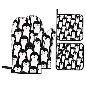 Cartoon Penguin 4pcs Oven Mitts and Pot Holders Sets Kitchen High Heat Resistant Non Slip Oven Glove for Cooking BBQ Baking Grilling