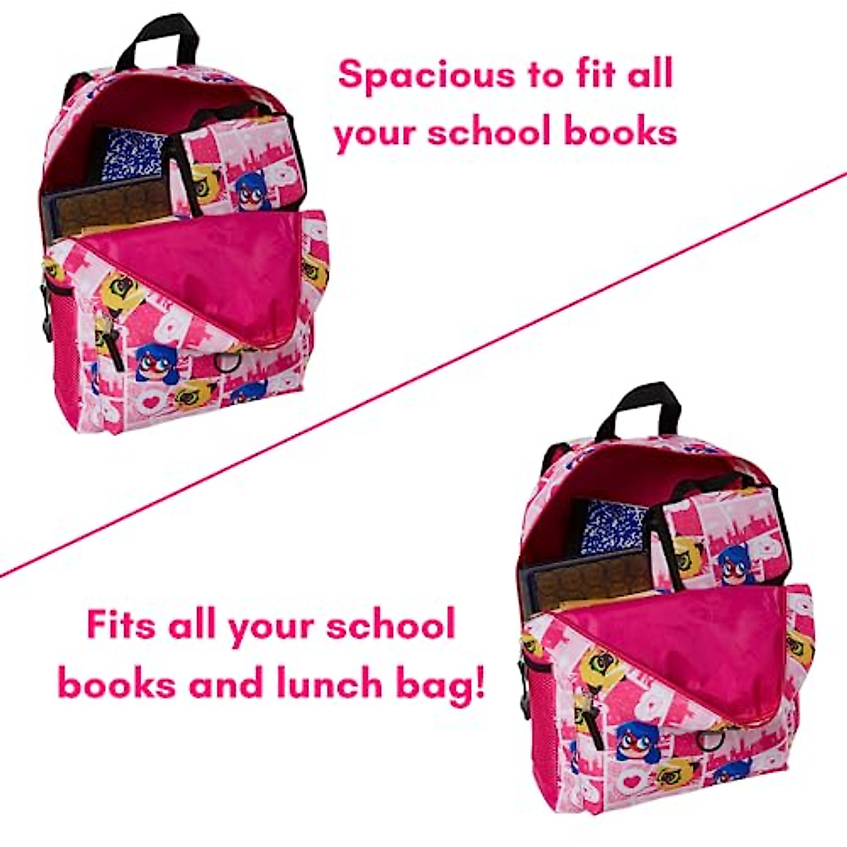 Miraculous Ladybug Cat Noir Backpack Set with Lunch Bag for Girls, 16 inch, 5 Piece Value Set, Pink