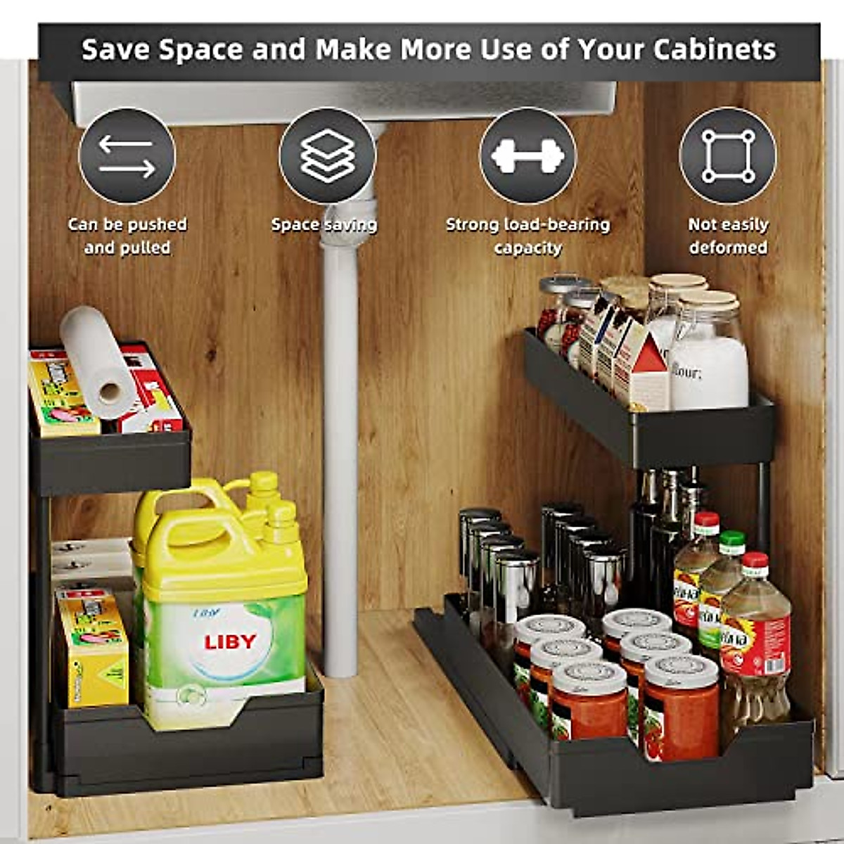 Under Sink Organizer L-Shaped, Bathroom Organizer, 2 Tier Rack Pull Out Kitchen Sliding Storage, Multi-purpose Sink Organizer Storage, with 1 Cup 4 Hooks for Home Kitchen Drawer, Black
