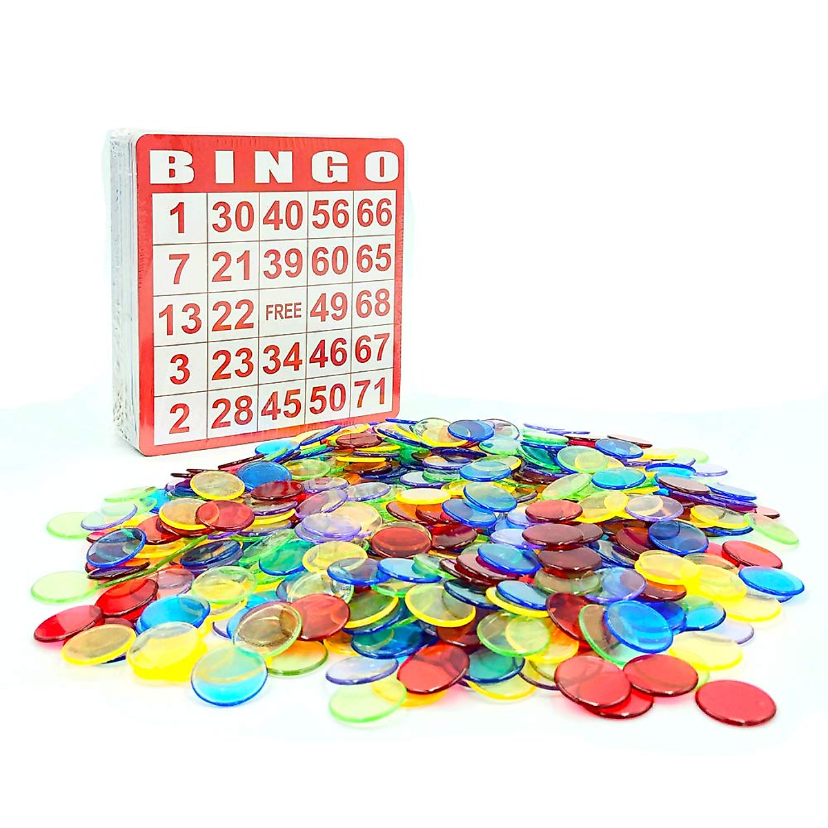 Yuanhe Bingo Cards Game Set - Includes 50 Bingo Cards and 500 Colorful Transparent Bingo Chips, for Bingo Games and Card Games