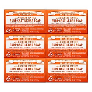 Dr. Bronner's - Pure-Castile Bar Soap (Tea Tree, 5 ounce, 6-Pack) - Made with Organic Oils, For Face, Body, Hair & Dandruff, Gentle on Acne-Prone Skin, Biodegradable, Vegan, Non-GMO