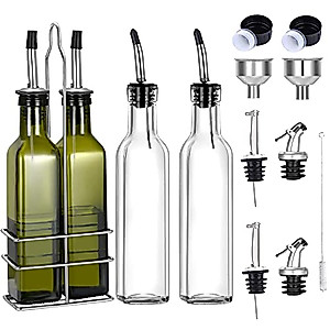 Gusnilo Olive Oil Dispenser, Oil Vinegar Cruet, Square Tall Glass Bottle W/Stainless Steel Pourer Spout SET OF 2-8 Oz(Ounce)