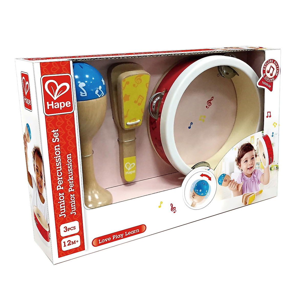Hape Junior Percussion Set | 3 Piece Wooden Percussion Instrument Set for Toddlers, E0615