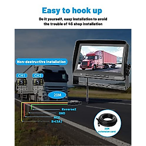 Dual Backup Camera System 8 Inch Monitor with 65FT Video Cable, AHD 1080P Night Vision Waterproof Rear View Cam for Truck/Trailer/Semi-Trailer/Box Truck/RV/Pickup Truck 12-24V