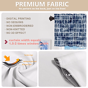 BaoNews Abstract Indigo Kitchen Valances Window Curtain, Blue Check Abstract Indigo Tie Dyed Grid Navy Blackout Decoration Small Window Valances Curtains Drapes Kitchen Bedroom, 52 X 18 Inch