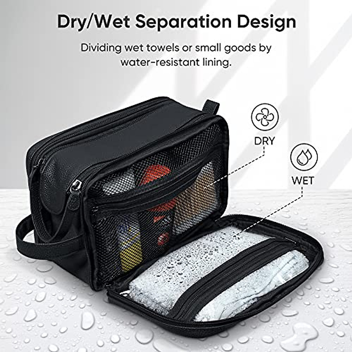 BALEINE Toiletry Bag for Men, Large Travel Toiletries Bags with Water-Resistance Compartment, PU Leather Dopp Kit (Medium, Black)