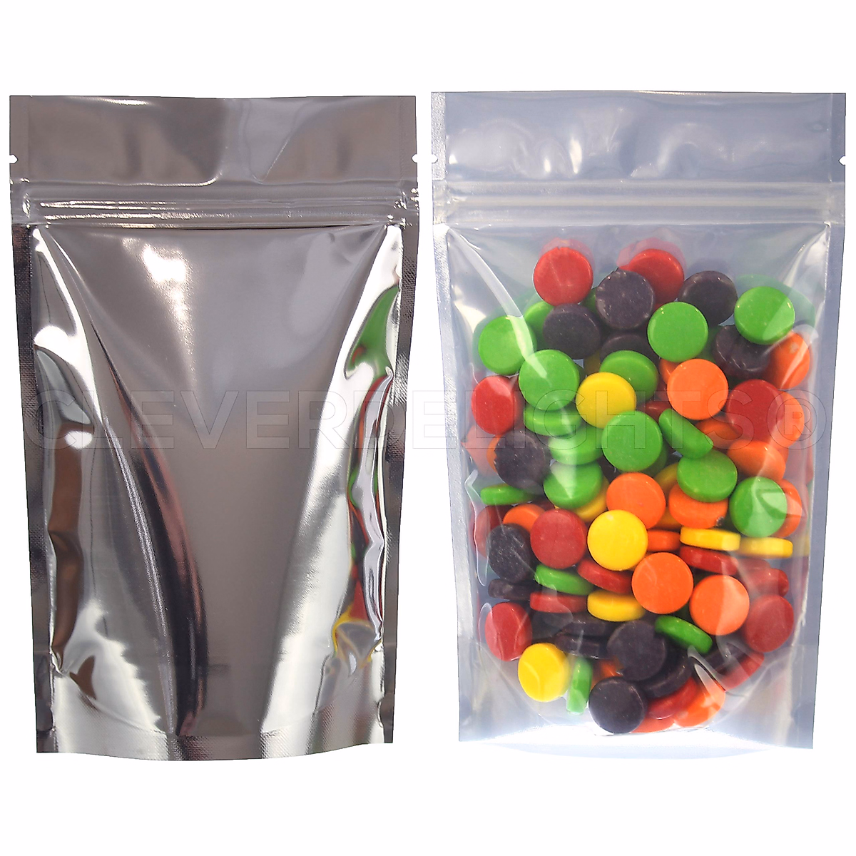 CleverDelights Silver/Clear Stand Up Pouches - 4oz - 100 Pack - 5" x 8" x 2.5" - Resealable Bag