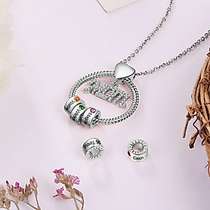 Mom Necklace Personalized Name Necklace for Women with Birthstone Custom Women's Pendant Circle Necklaces with Beads Personalized Gift for Mother Wife Grandma Mother's Day Gift (4 birthstones)