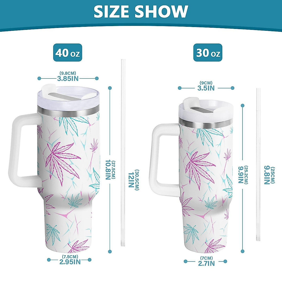 OTVEE 30oz Pink and Blue Marijuana Leaves Tumbler with Handle and Straw, Double Wall Vacuum Reusable Stainless Steel Insulated Water Bottle Travel Mug Cup for Hot and Cold Drinks