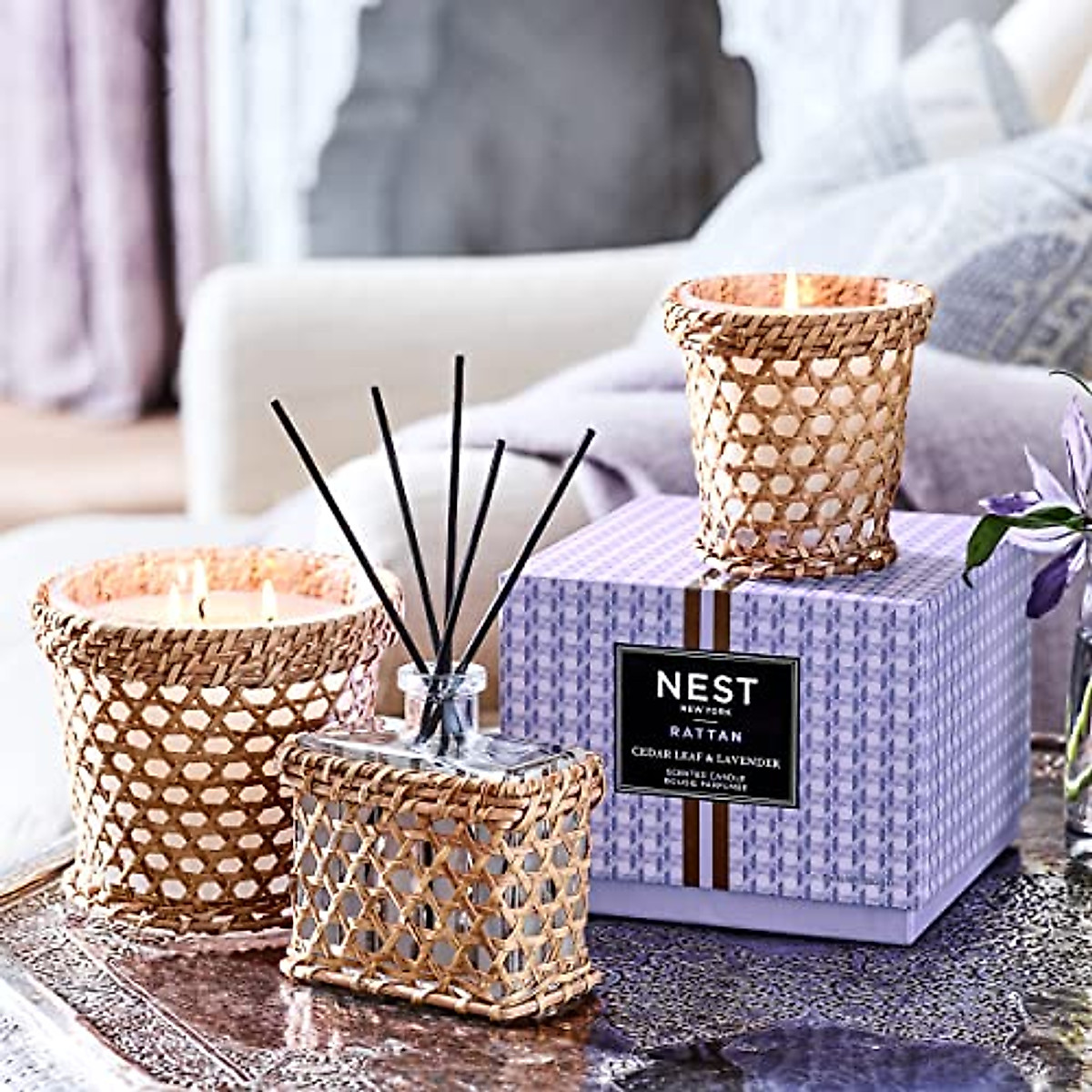 NEST New York Cedar Leaf & Lavender Decorative Rattan Scented 3-Wick Candle, 21 Ounces