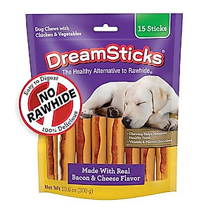 DreamBone DreamSticks with Real Bacon and Cheese Flavor, Rawhide Free Dog Chew Sticks 15 Sticks