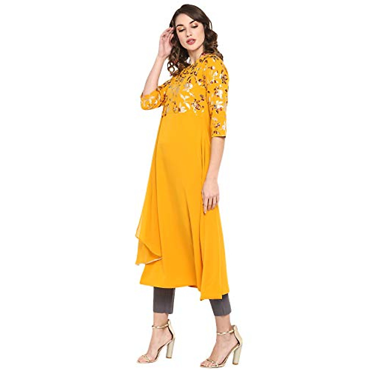 Janasya Women's Mustard Foil Printed Poly Crepe Kurta