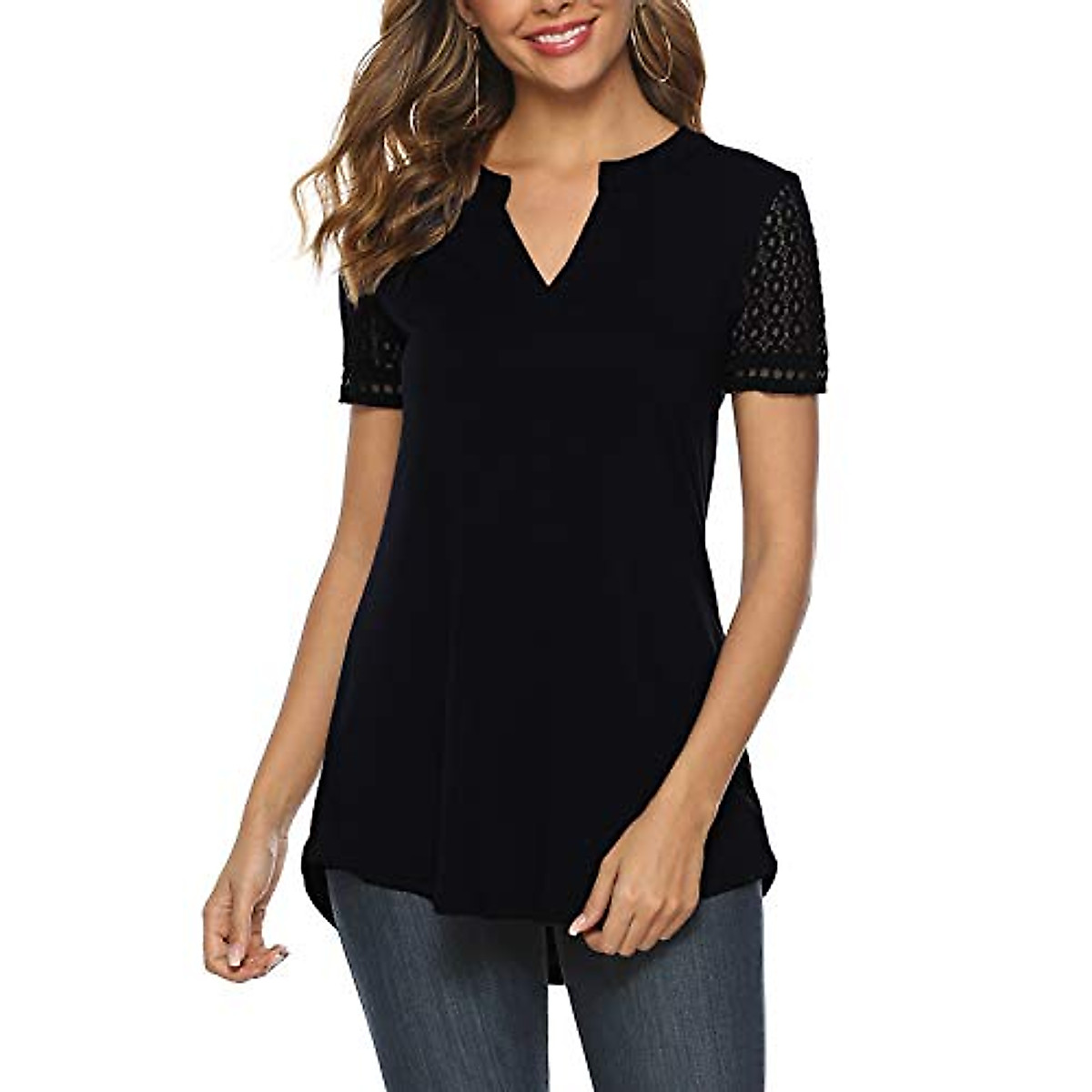 Zattcas Women's Summer V Neck Short Sleeve Tunic Shirt Business Casual Blouses for Women Black Medium