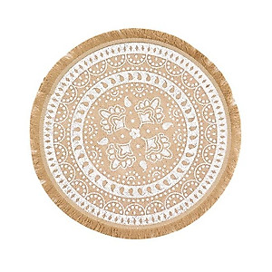 TABLECLOTHSFACTORY 4 Pack | Natural 15" Jute & White Print Fringe Placemats, Rustic Round Woven Burlap Tassel Table Mats