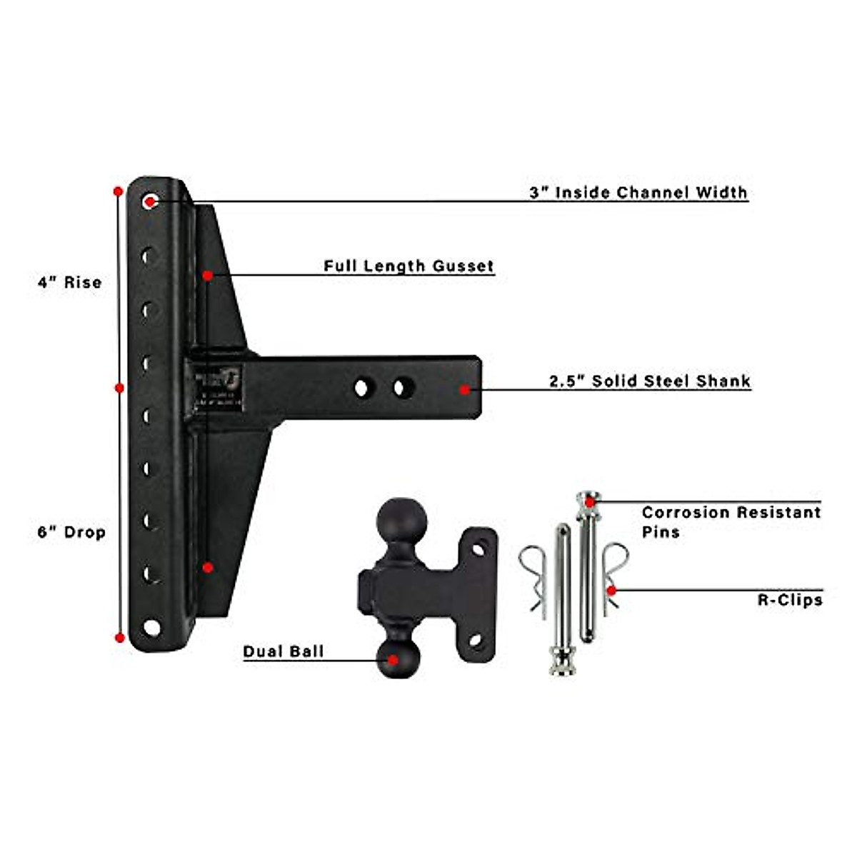 BulletProof Hitches 2.5" Adjustable Extreme Duty (36,000lb Rating) Offset 4" & 6" Drop/Rise Trailer Hitch with 2" and 2 5/16" Dual Ball (Black Textured Powder Coat, Solid Steel)