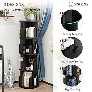 oneinmil 360°Rotating Bookshelf, Small Corner Bookcase with a Small Footprint, 4 Tier Standing Bookcase for Kids & Adults, Wood Bookshelf Designed for Bedroom, Living Room, Black