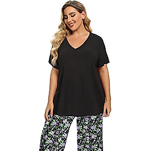 Vozanet Women's V Neck Sexy Pajamas Capri Sets Mexican Style Floral Sleepwear 2PCS Totem Casual Nighty Plus Size XL to 4XL, Purple, XXX-Large