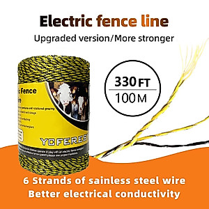 YCFERESY Upgraded Electric Fence Poly Wire 330 Feet 100 Meters and 50 Pcs Black Electric Fence Insulator Screw-in Insulator Fence Ring Wood Post Insulator