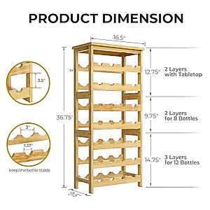 28-Bottle Wine Rack Free Standing Floor, Solid Wood 7-Tier Display Wine Storage Shelves with Tabletop, Wobble-Free Bottle Holder for Cellar Kitchen Bar Dining Room Living Room, Oak