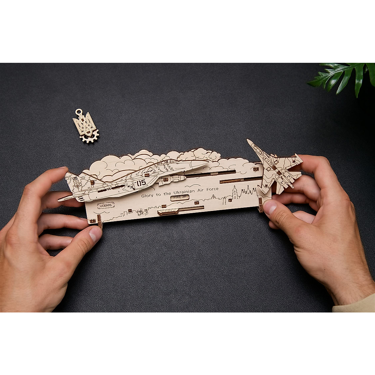 UGEARS Ghost of Kyiv Attacks 3D Wooden Puzzle - Wooden Mechanical Model Kit to Build - DIY Constructor with Gear Mechanism - Brain Teaser Building Set for Adults