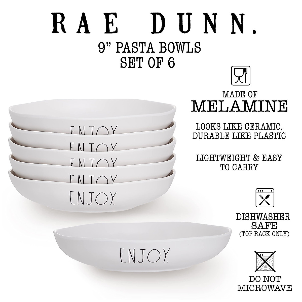 Rae Dunn Melamine Dinner Bowl - Durable Dishwasher Safe Pasta Bowls - Set of 6 (9 inch / 8.2oz) Bowls for Soup, Cereal, Pasta, Salads