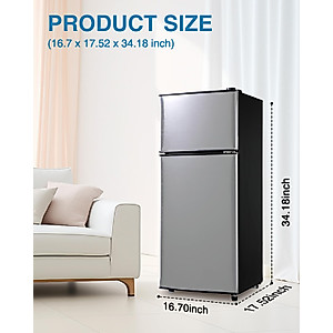 Kazigak 3.5 Cu.Ft Mini Fridge with Freezer, Double Door, Small Refrigerator,7-Level Adjustable Thermostat, Quiet Mini Fridge for Bedroom, Dorm, Office, Apartment Silver
