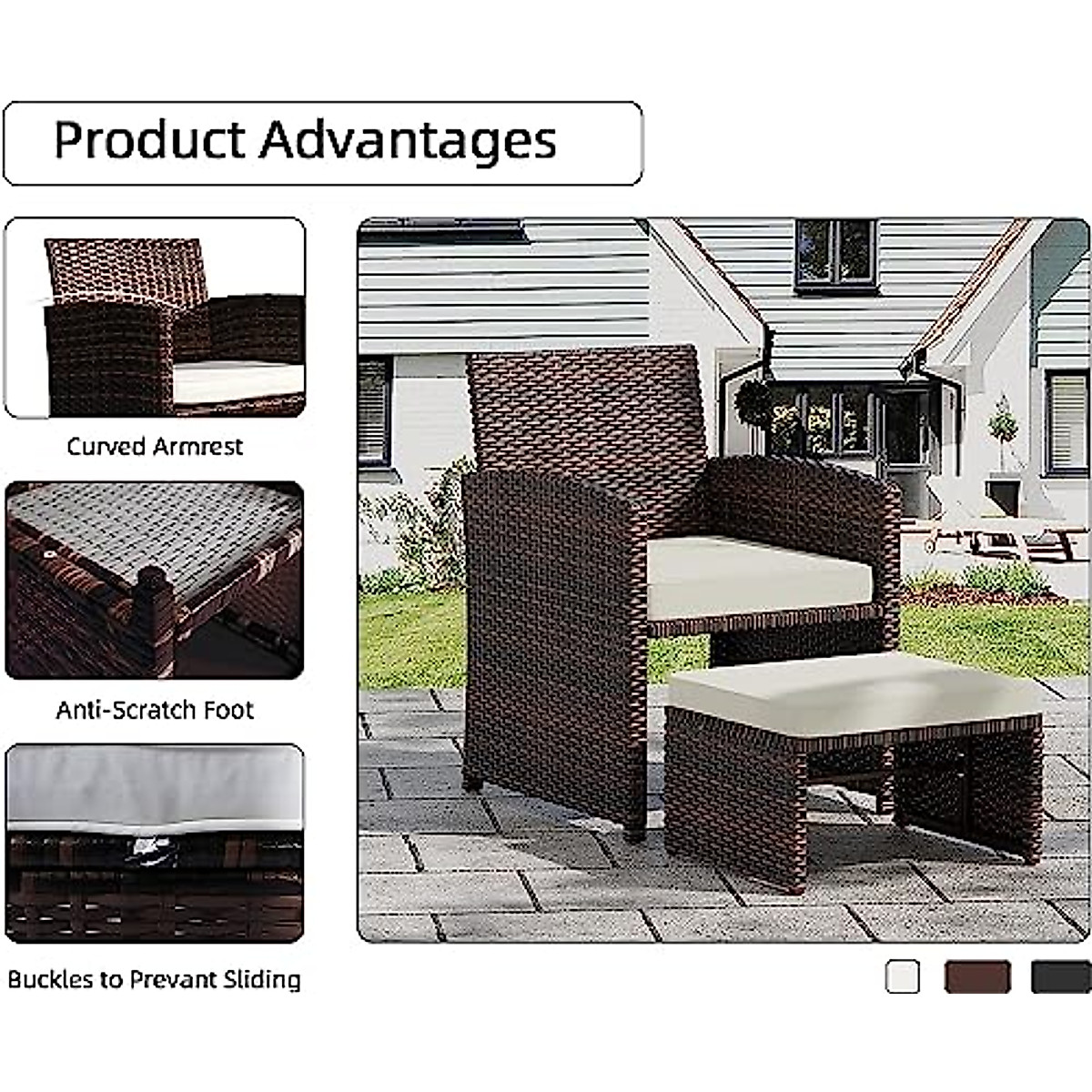 Esmlada 6 Piece Patio Furniture Conversation Set with Ottoman, Outdoor Brown Wicker Chair and Table Set with Beige Cushion, Balcony Furniture for Apartments. (Brown)