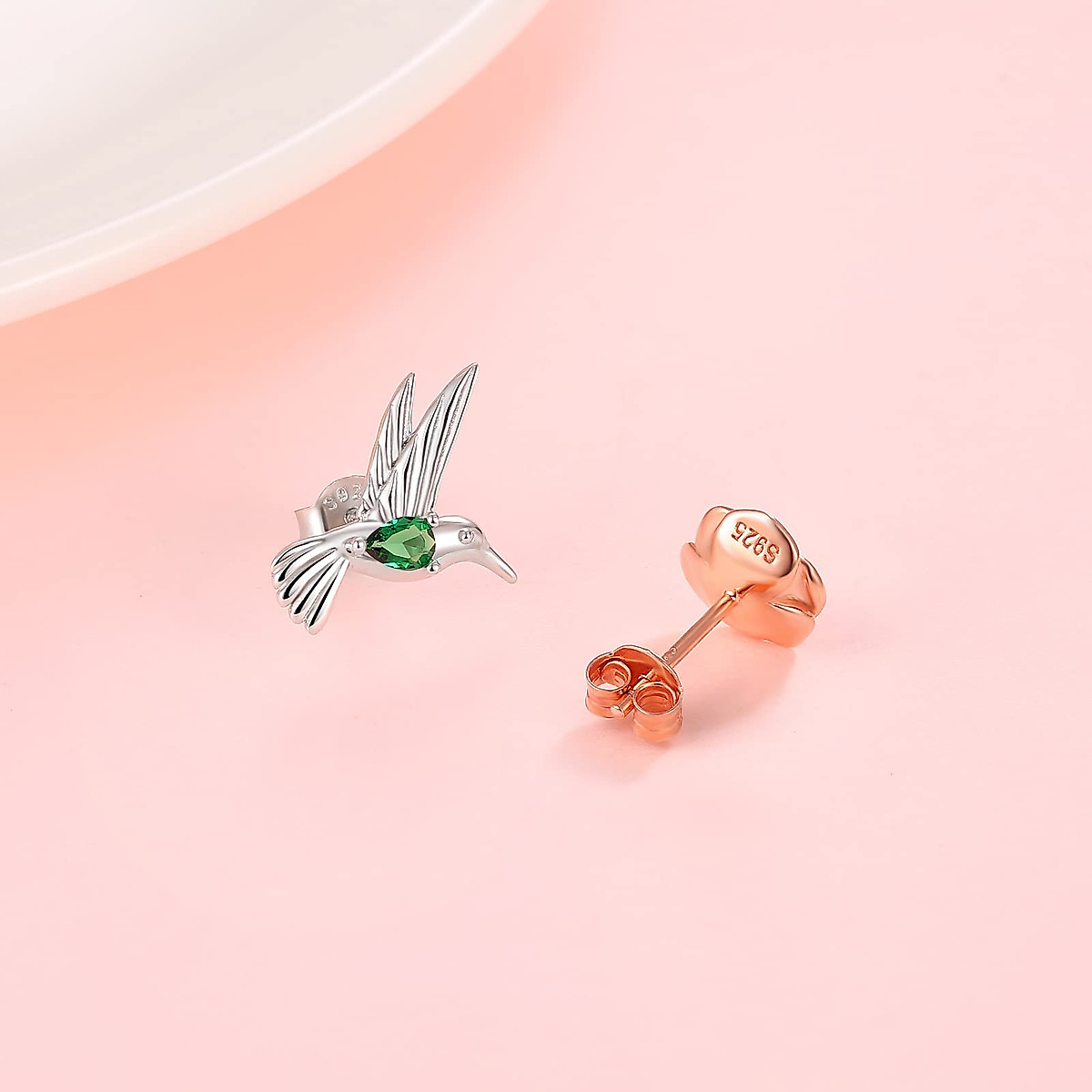 WOUOVO S925 Hummingbird Drop-Dangle Earrings - Waterdrop Flower Bird Eearring with Green Spinel Crystal Stone Mothers day Gifts for Mom and daughter (Rose Flower hummingbird)