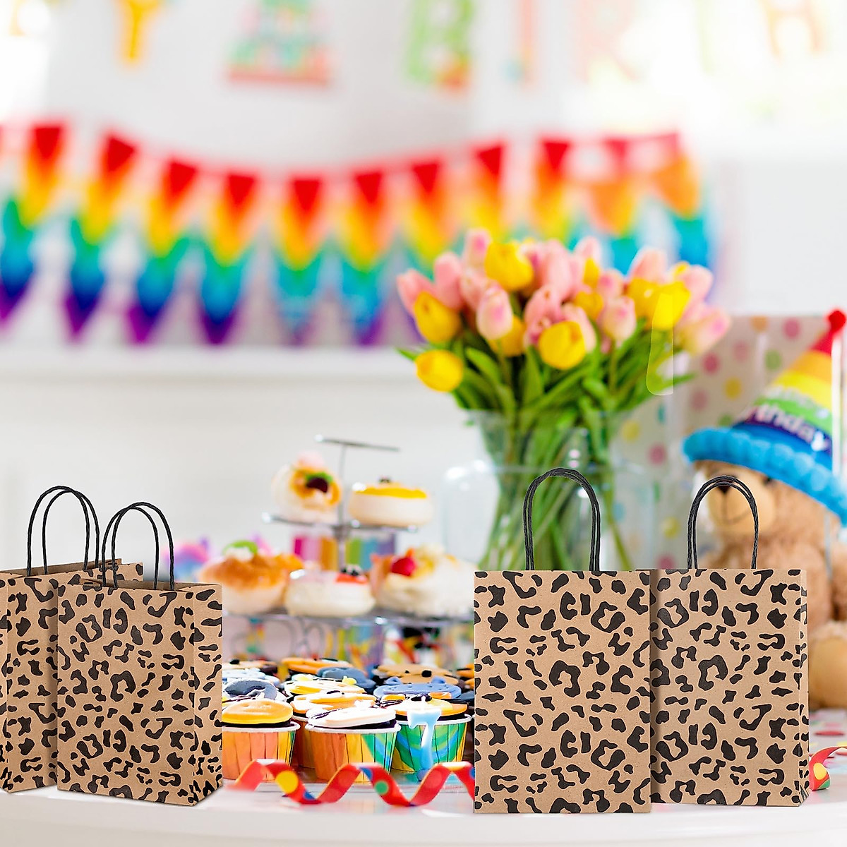 Tinlade Leopard Print Goodies Bags Animal Print Party Bags Paper Jungle Safari Party Favors for Kids Wild Life Animal Birthday Baby Shower Party Supplies (16 Pcs)