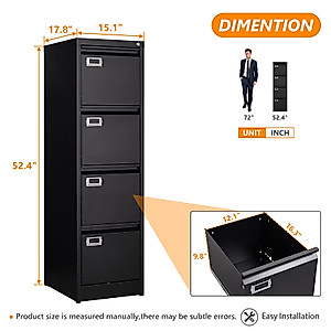 ZAOUS Metal Vertical File Storage Cabinet, 4 Drawer File Cabinet with Lock, 18" Deep Vertical Filing Cabinets for A4 Legal/Letter Size, Assembly Required (4 Drawer - Black)