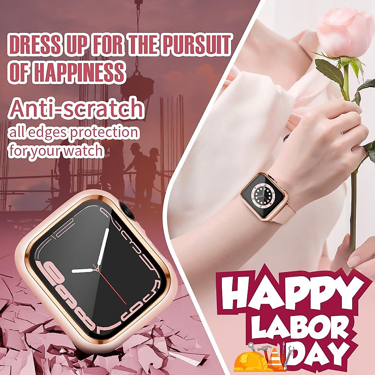 top4cus 38mm Case Compatible with Apple Watch, with Built-in Tempered Glass Screen Protector, PC Cover for iWatch Series 9/8/7/SE 2rd SE 6 5 4/3 2 for Choice (38mm, Pink + Rose Gold Edge)