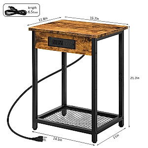 melos Nightstands with Charging Station, 2 Tier Bedside Table with USB Ports and Outlets, Narrow End Table with Storage Shelf, Side Tables for Bedroom, Living Room, Rustic Brown