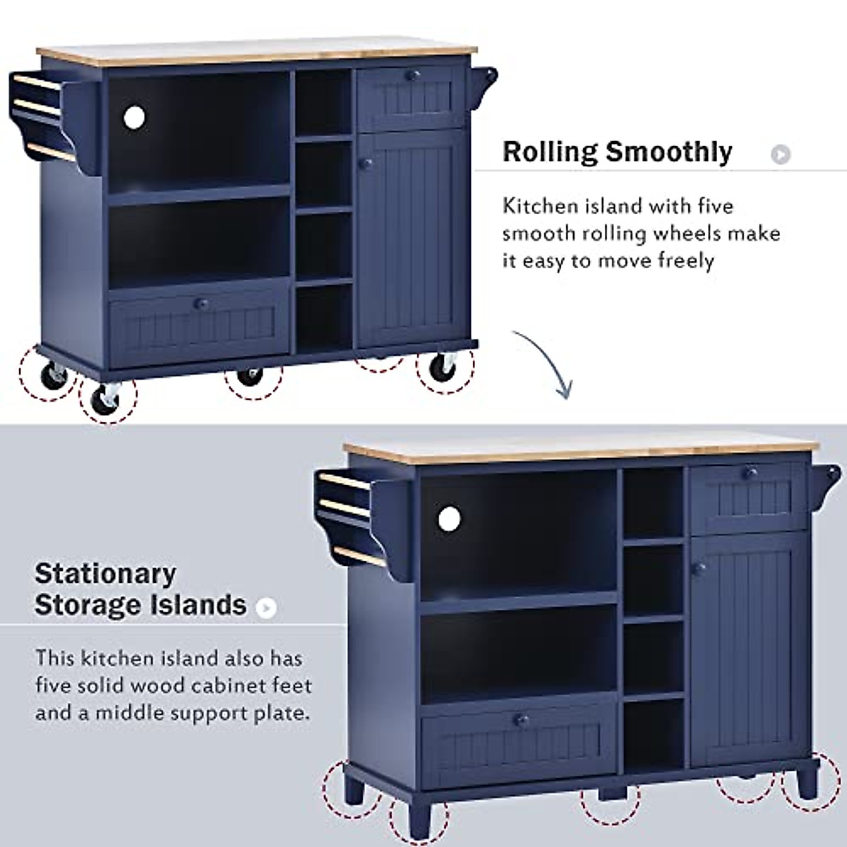 Olela Kitchen Island Cart with Storage, Mobile Rolling Kitchen Table Microwave Rack Cart on Wheels with Open Shelves, Drawers and Cabinet, 18.1 "D X 50.8 "W X 36.2 "H(Open Shelf-Blue)